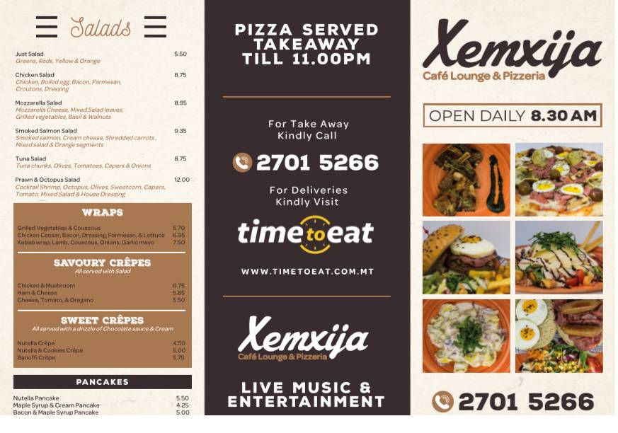 Menu at Xemxija Café Lounge restaurant, Saint Paul's Bay