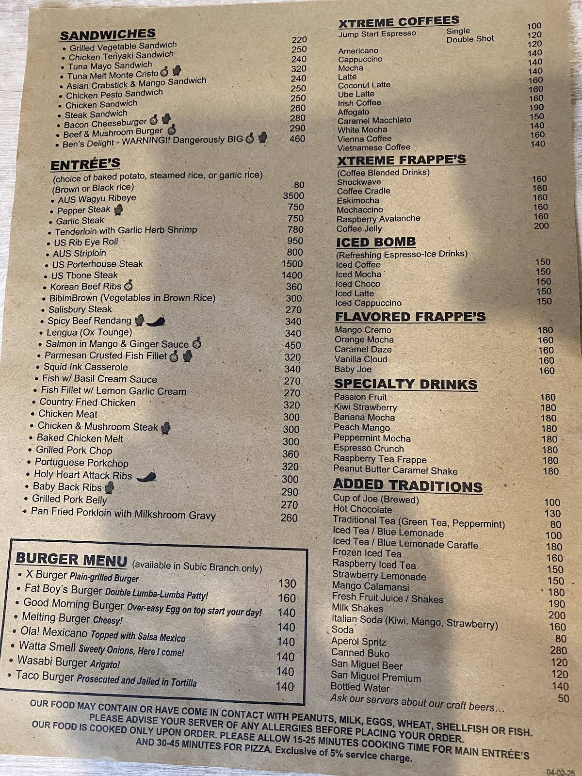 Menu at Xtremely Xpresso Cafe, Olongapo, #1 Dewey Avenue Subic Bay ...