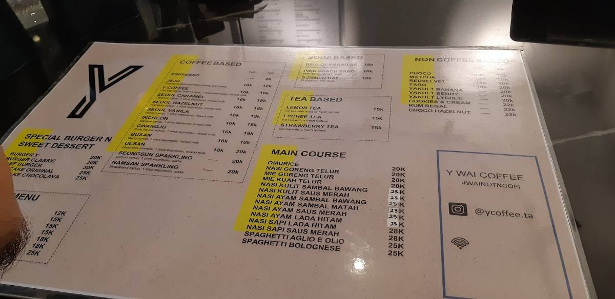 Menu at Y Coffee, Tulungagung