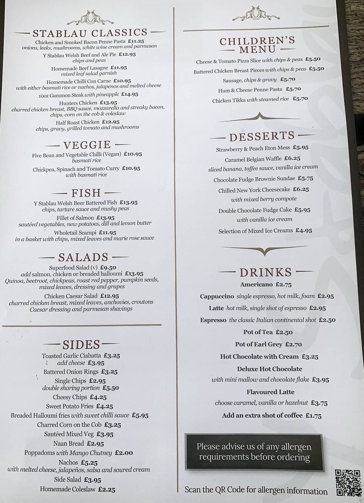 Menu at Y Stablau - Stables Bar, Betws-y-Coed