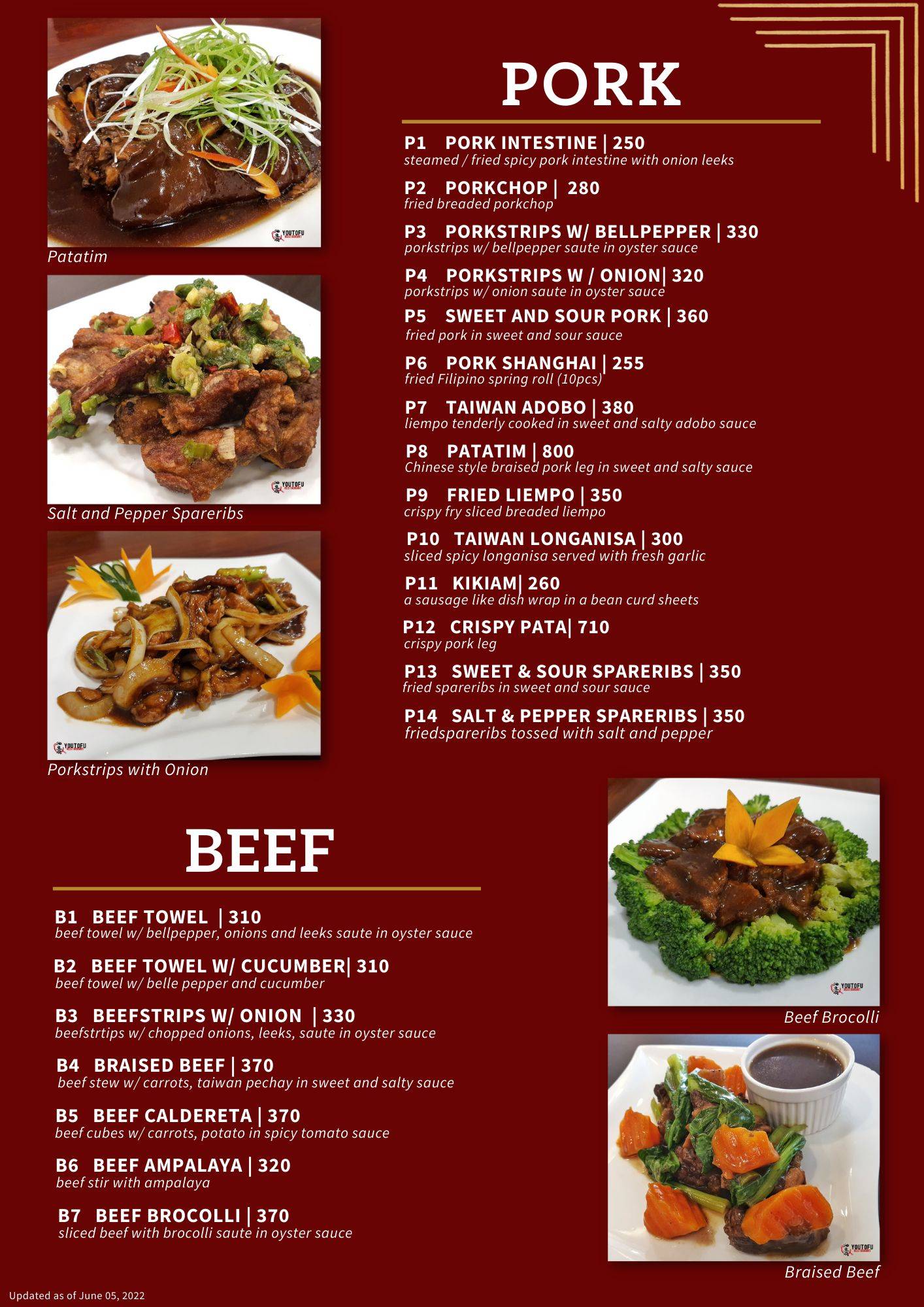 Carta de YOUTOFU Restaurant, San Pablo, Cosico Ave