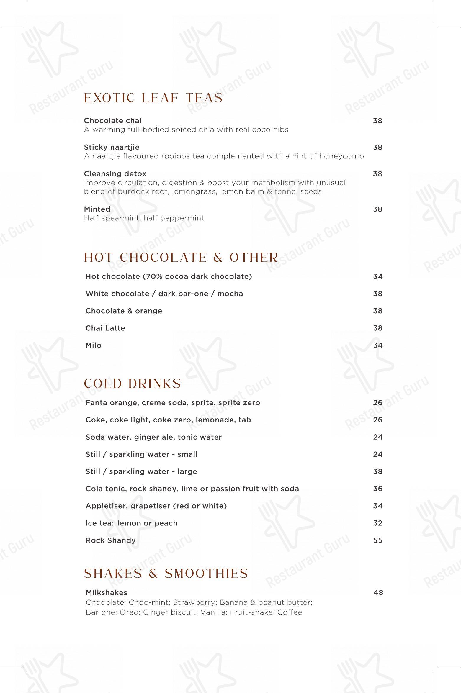 Menu at Ya-Ya Cafe, Cape Town