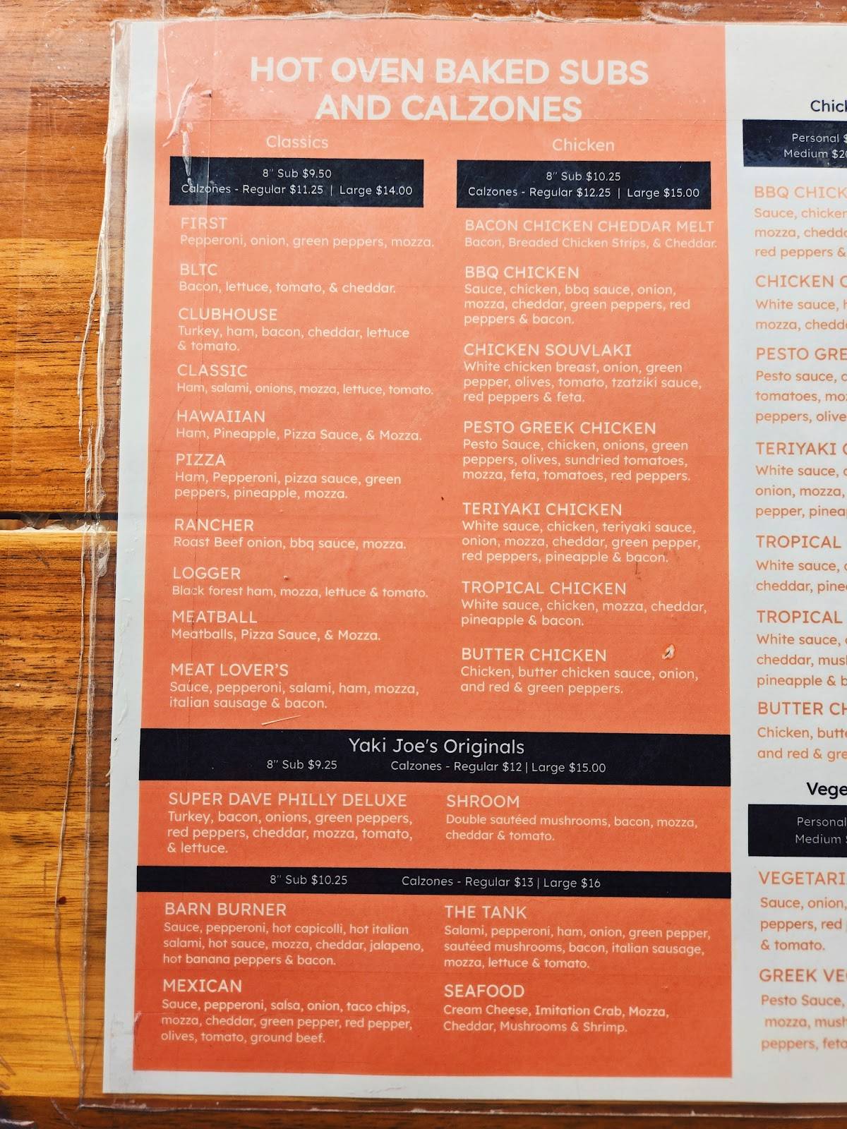 Menu at Yaki Joe's Pizza pizzeria, Merritt