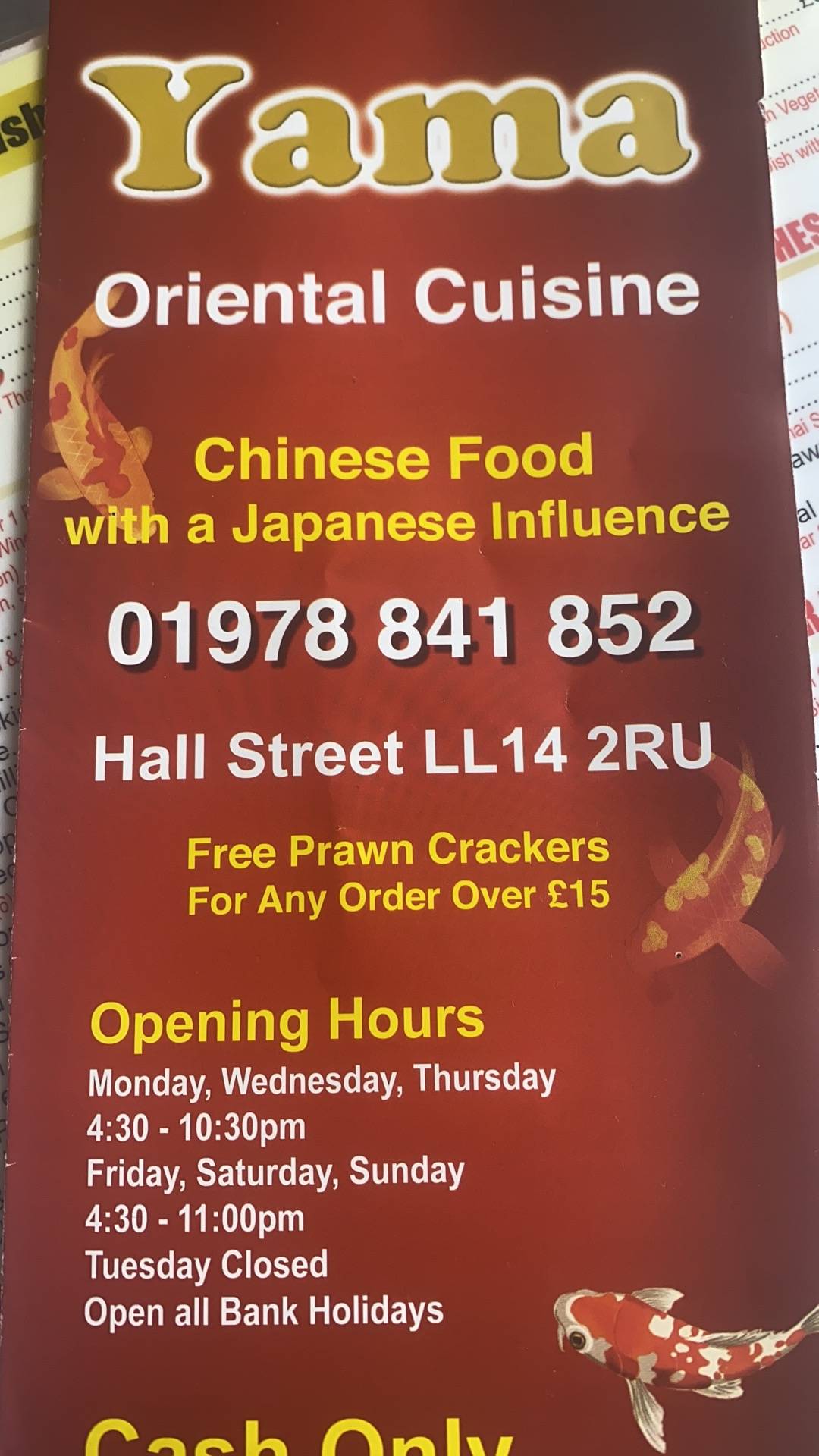 Menu at Yama Oriental Cuisine (Chinese Takeaway) restaurant, Penycae