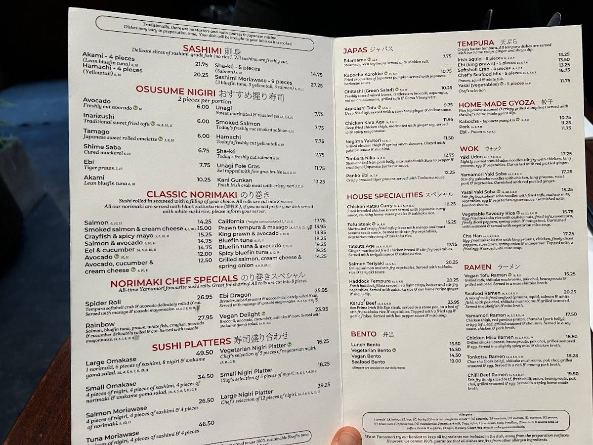 Menu at Yamamori North City restaurant, Dublin, 38 Ormond Quay Lower