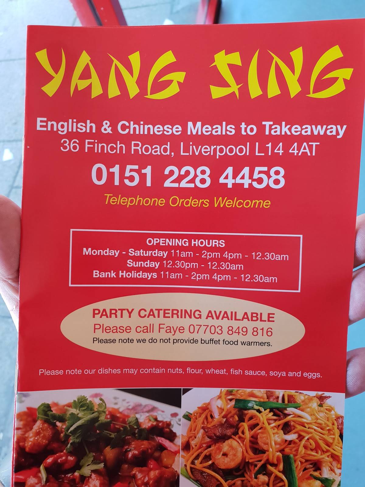 Menu at Yang Sing restaurant, Liverpool, 36 Finch Rd