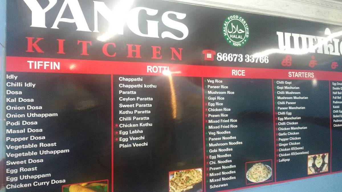 Menu at Yangs kitchen, Chennai