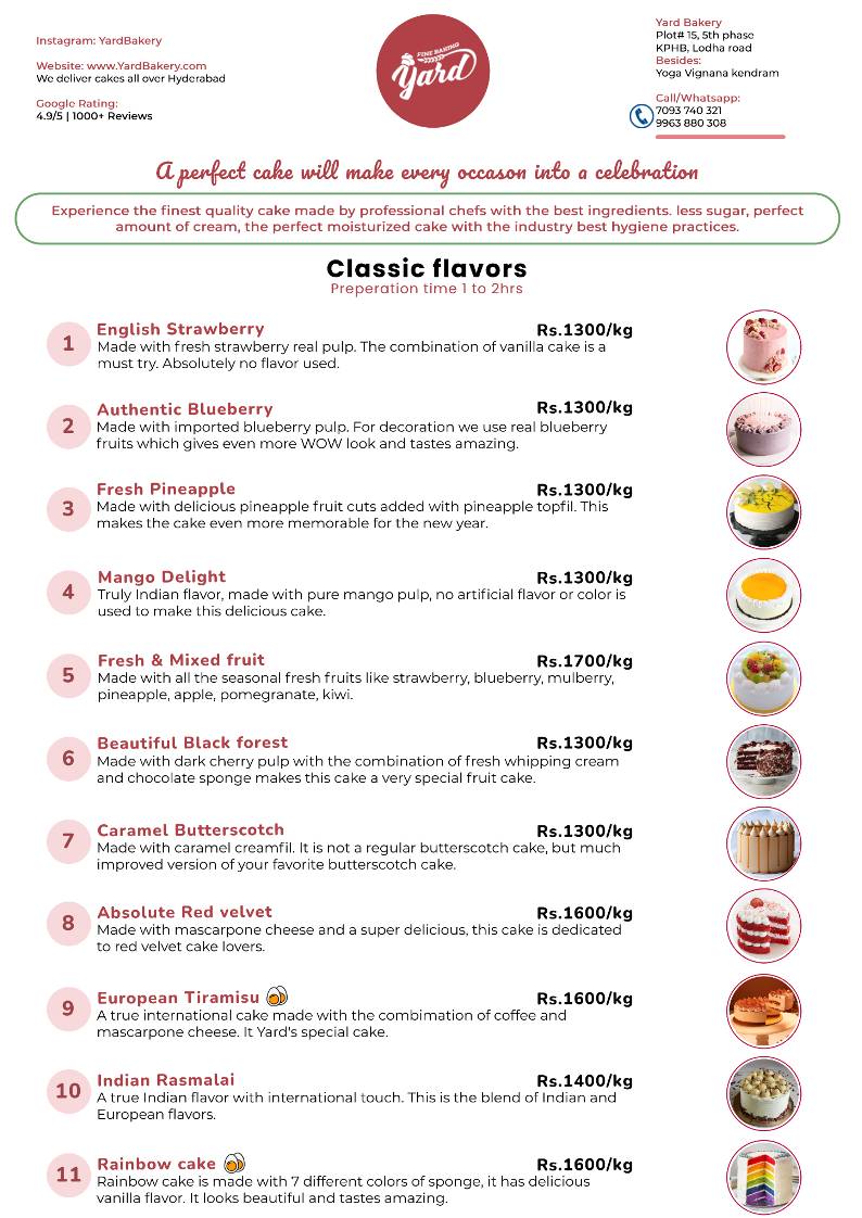 Menu at Yard Bakery - A premium bakery for birthday cakes, customized ...