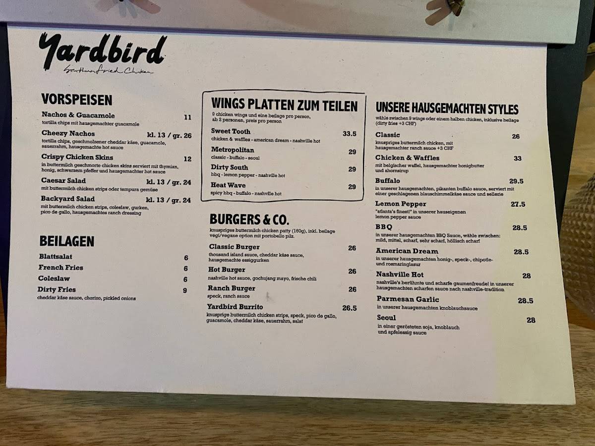 Menu at Yardbird Southern Fried Chicken, Basel