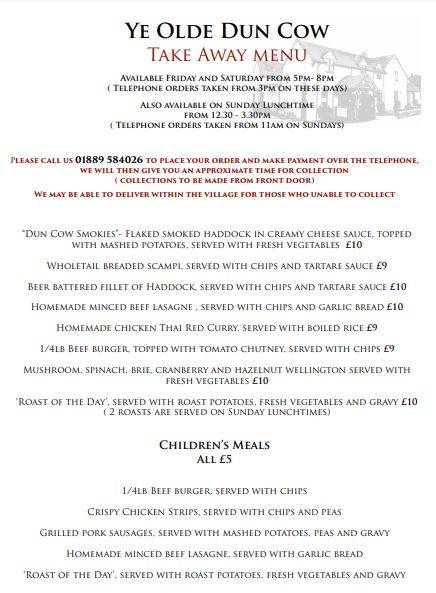 Menu at Ye Olde Dun Cow pub & bar, Rugeley, 73 High St