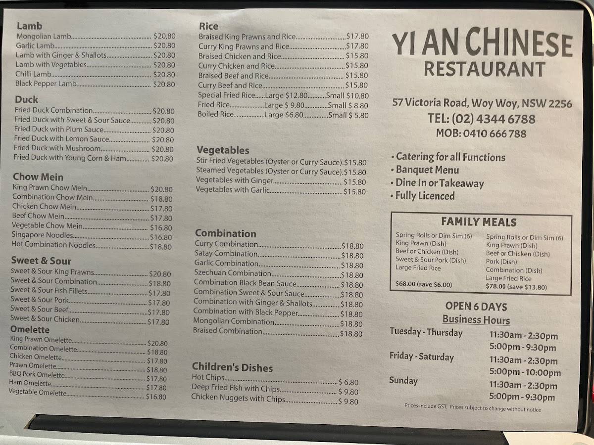 Menu at Yi An Chinese Restaurant, Woy Woy