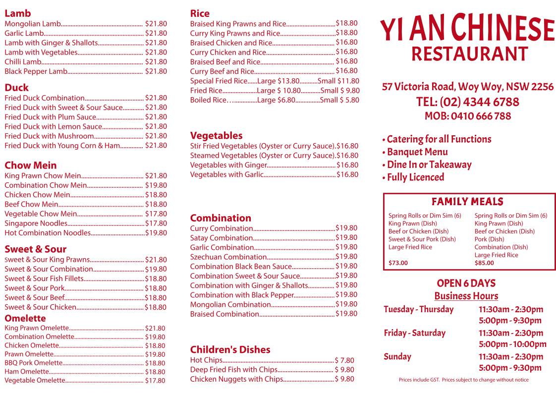 Menu at Yi An Chinese Restaurant, Woy Woy