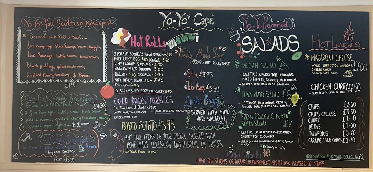 Menu at Yo Yo's Cafe, Edinburgh