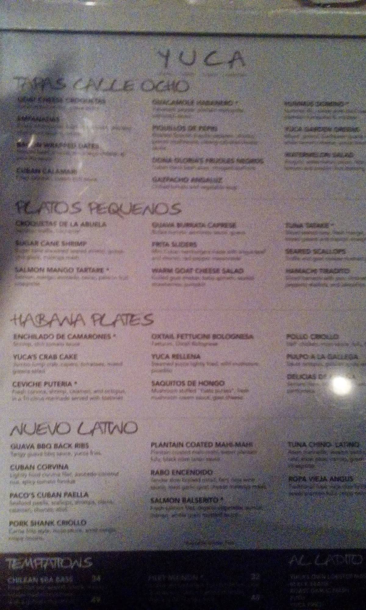 Menu at Yuca restaurant, Miami Beach, 501 Lincoln Rd