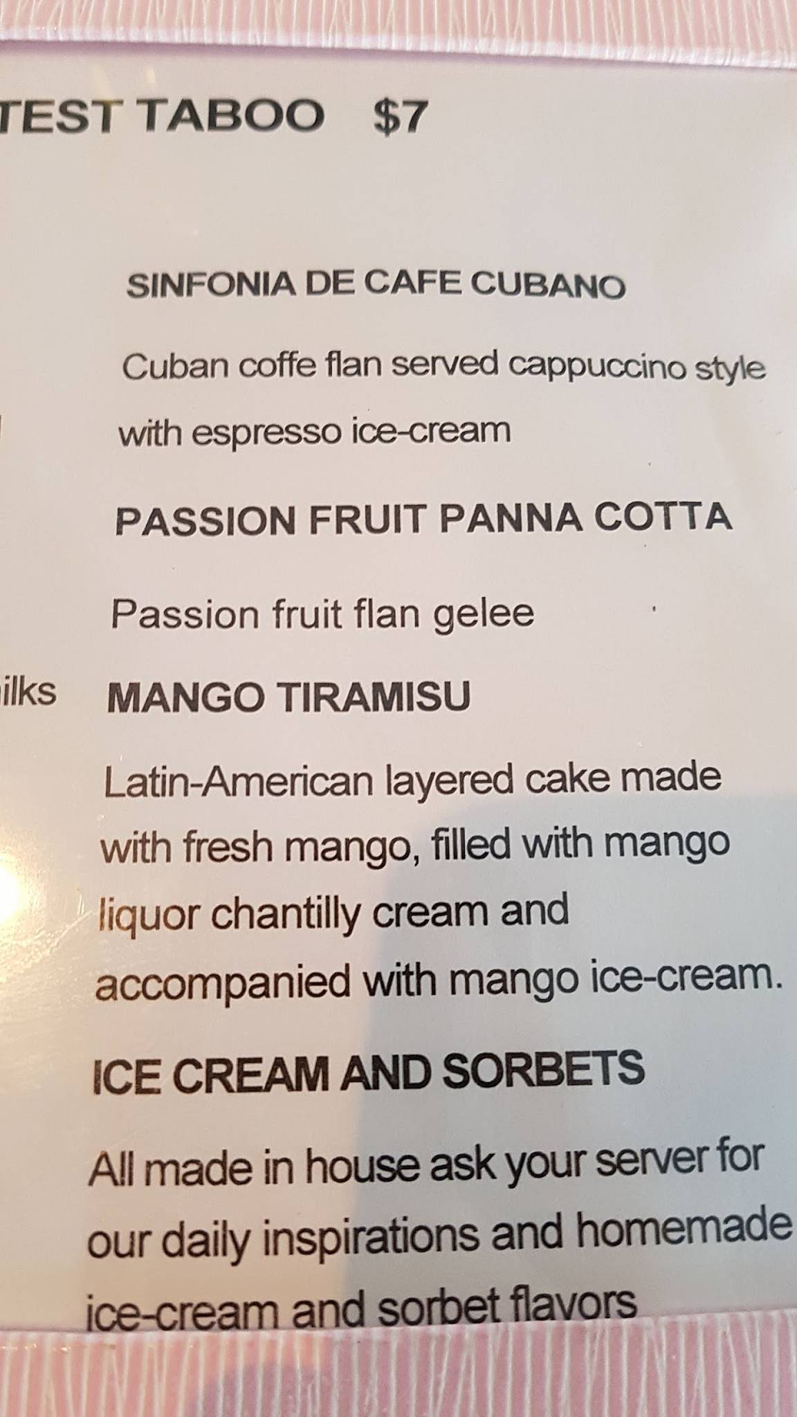 Menu at Yuca restaurant, Miami Beach, 501 Lincoln Rd
