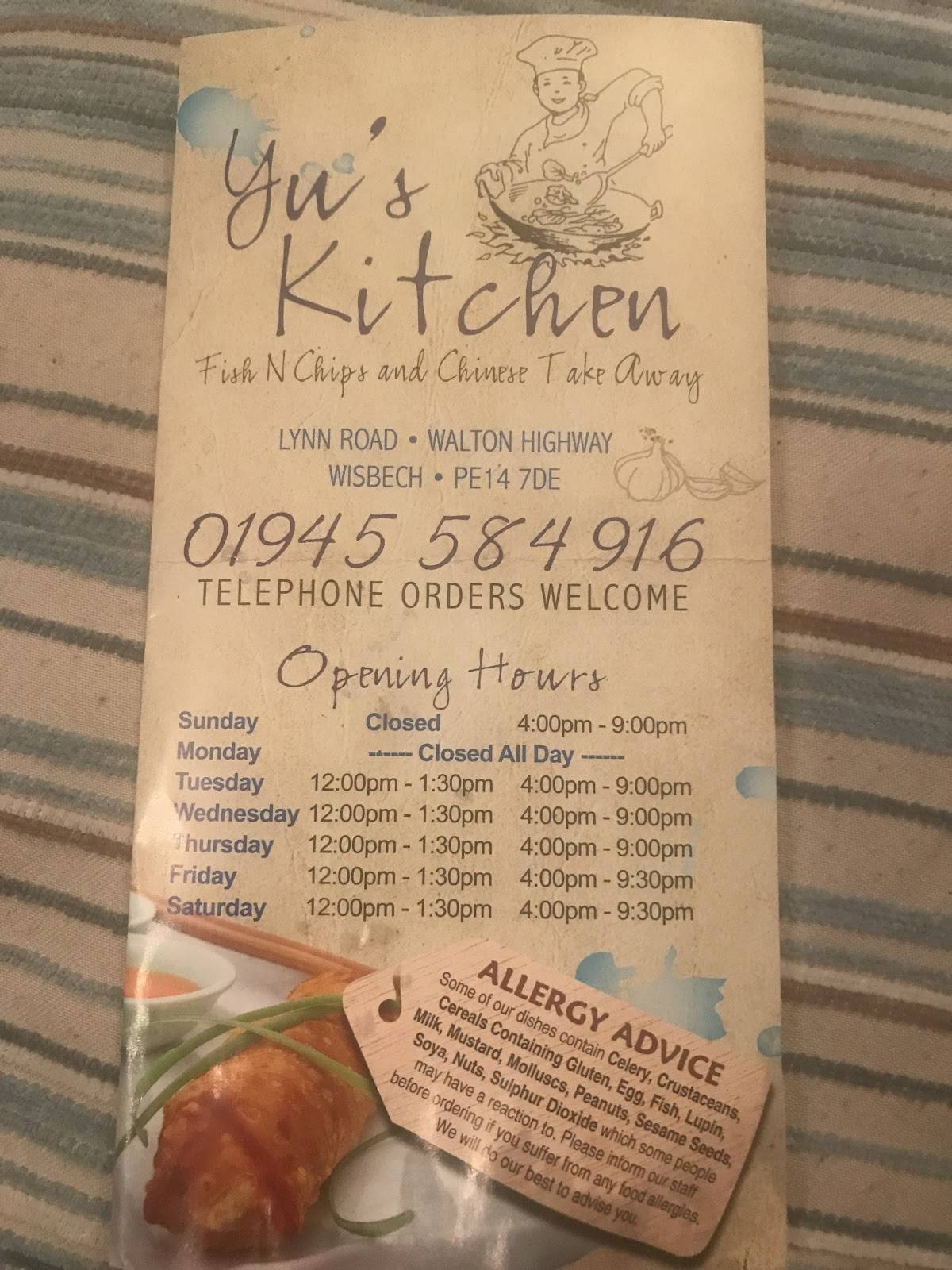 Menu at Yu's kitchen Chinese, fish and chips takeaway restaurant, Wisbech