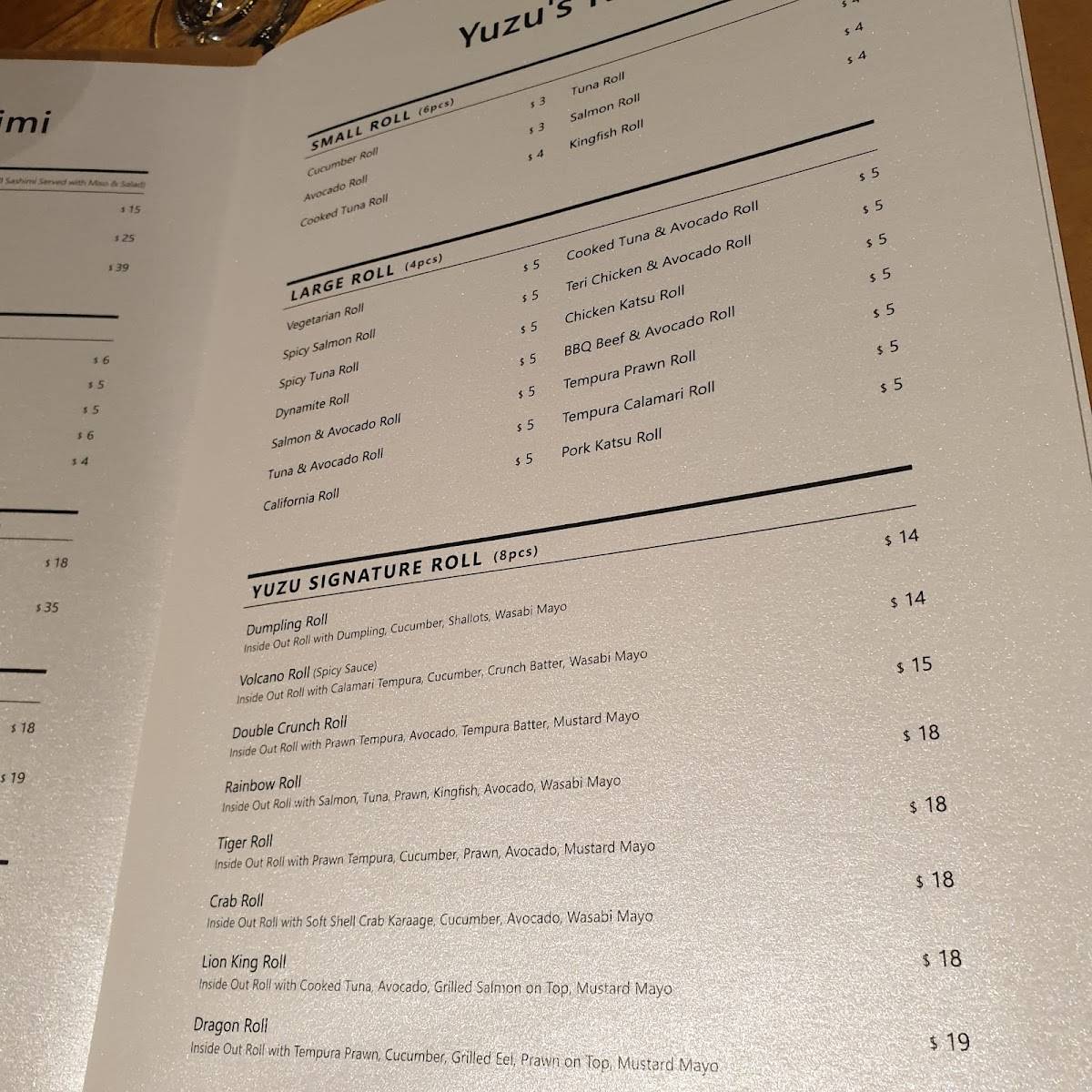 Menu at Yuzu Sushi restaurant, Newington