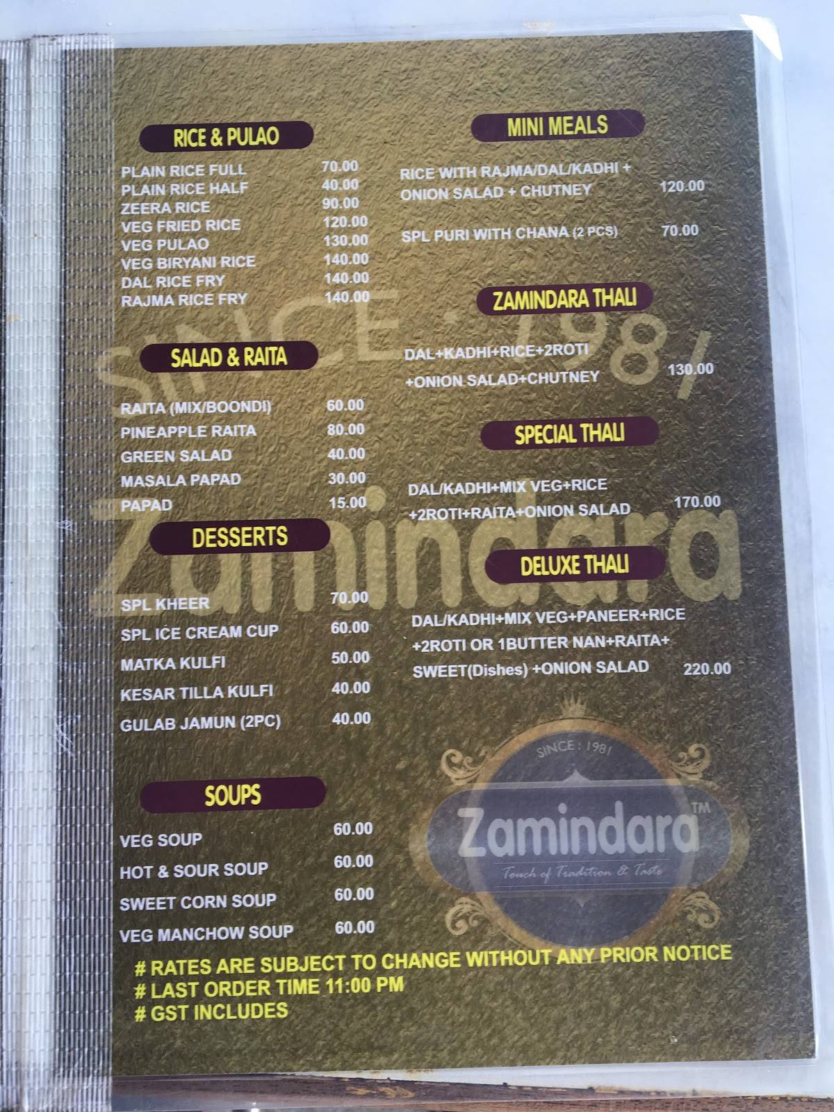 Menu at ZAMINDARA DHABA, Jammu, NH-44A