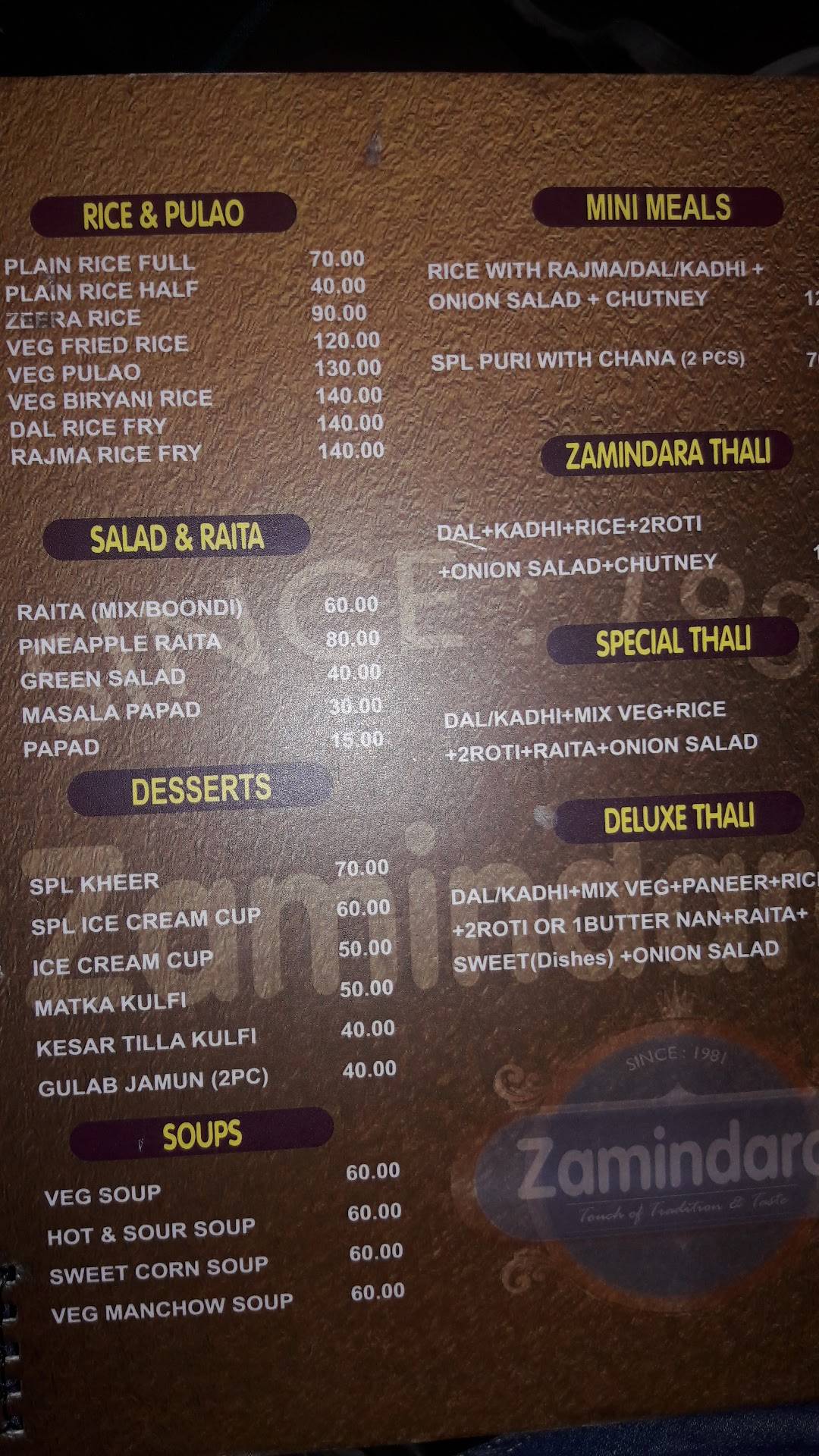 Menu at ZAMINDARA DHABA, Jammu, NH-44A