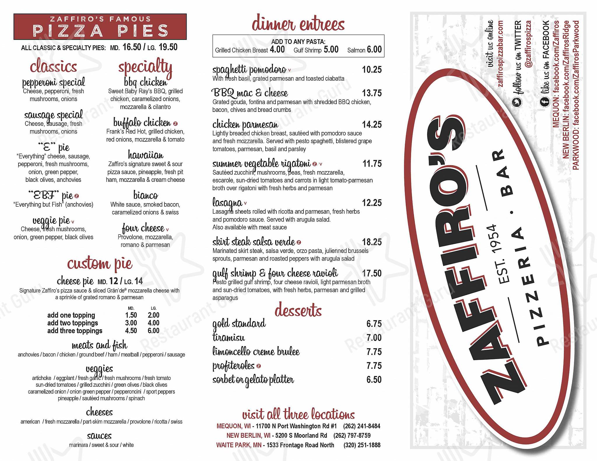 Menu at Zaffiro's Pizza The Original pub & bar, Milwaukee, N Farwell Ave