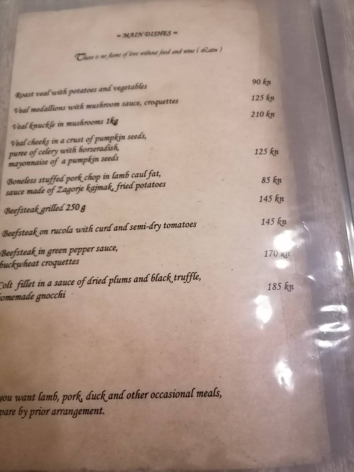 Menu at Potkova restaurant, Zagreb