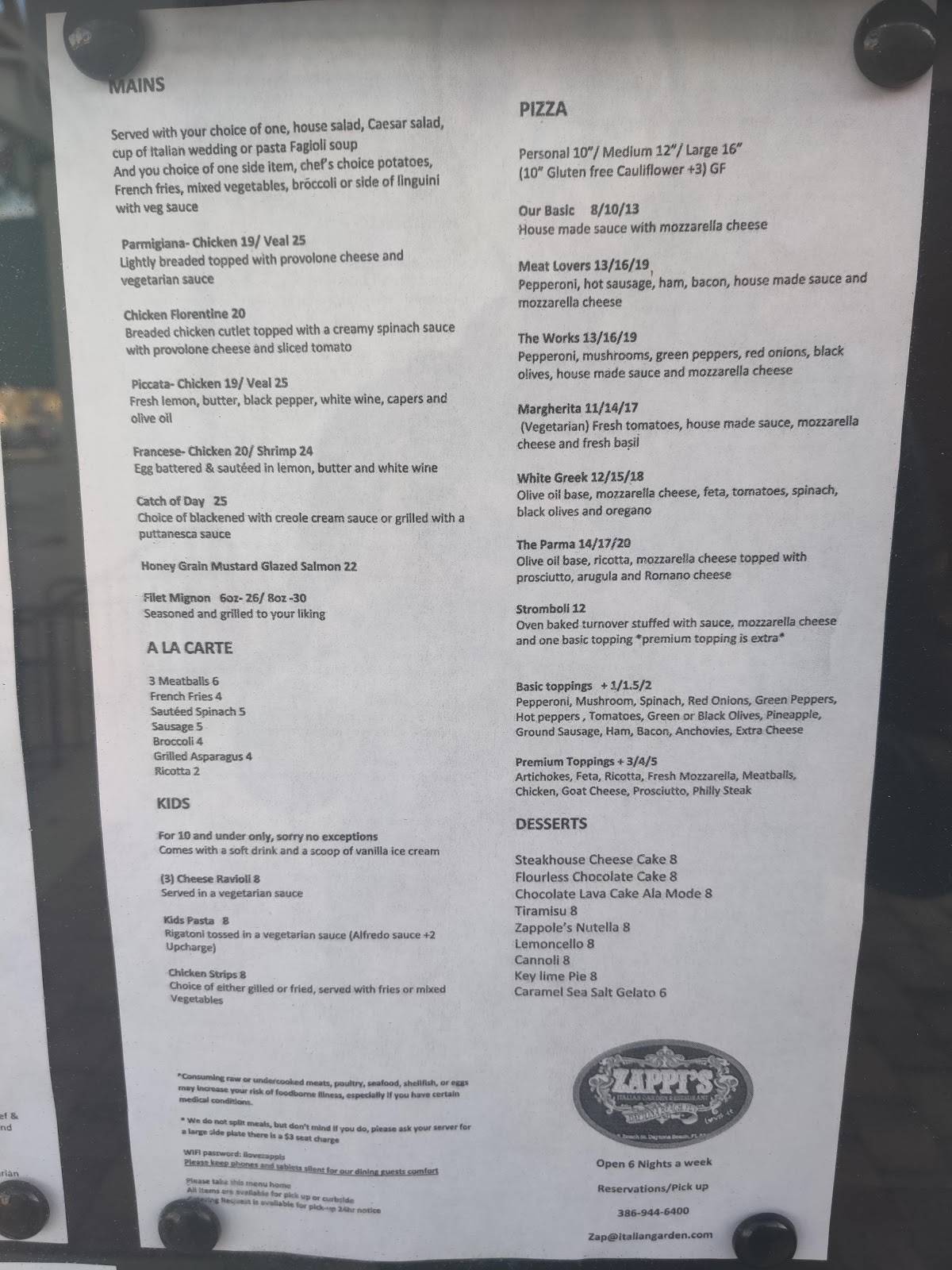 Menu at Zappi's Italian Garden pizzeria, Daytona Beach
