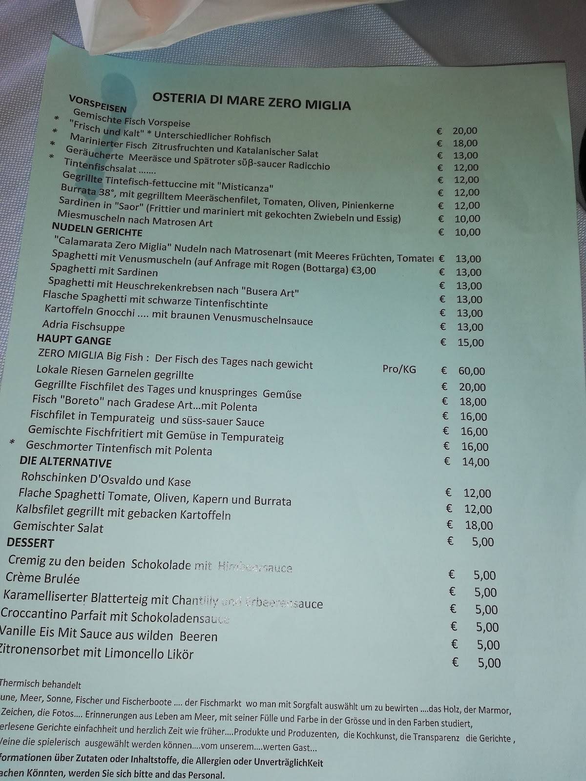 Speisekarte von Zero Miglia restaurant, Grado