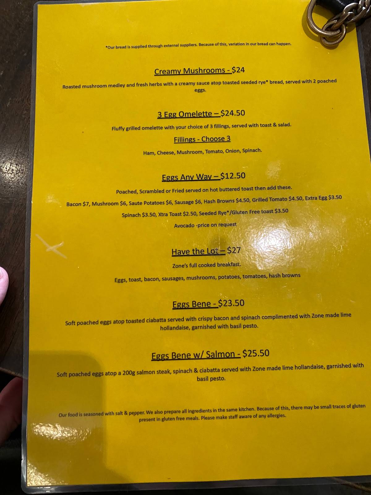 Menu at Zone Cafe, Tauranga