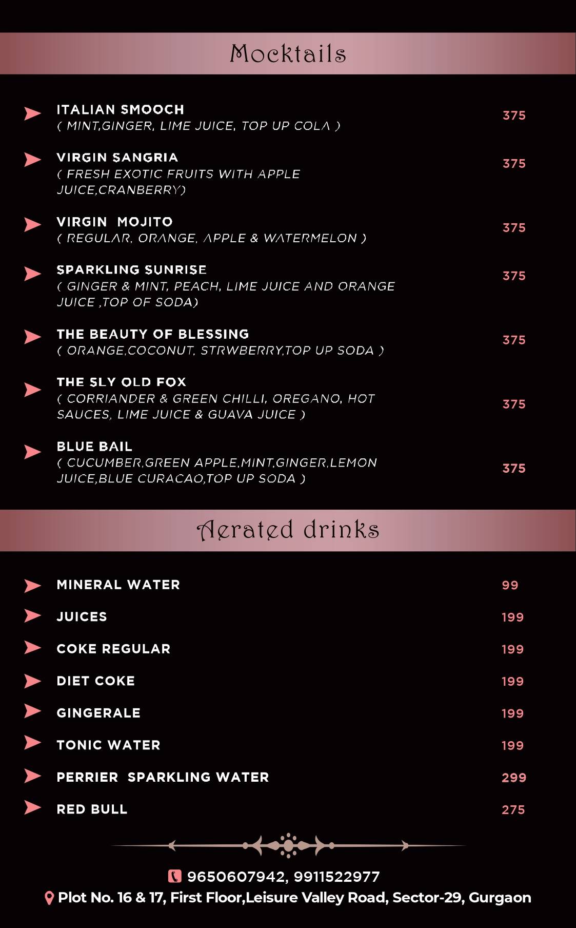 Menu at Zorro, Gurugram