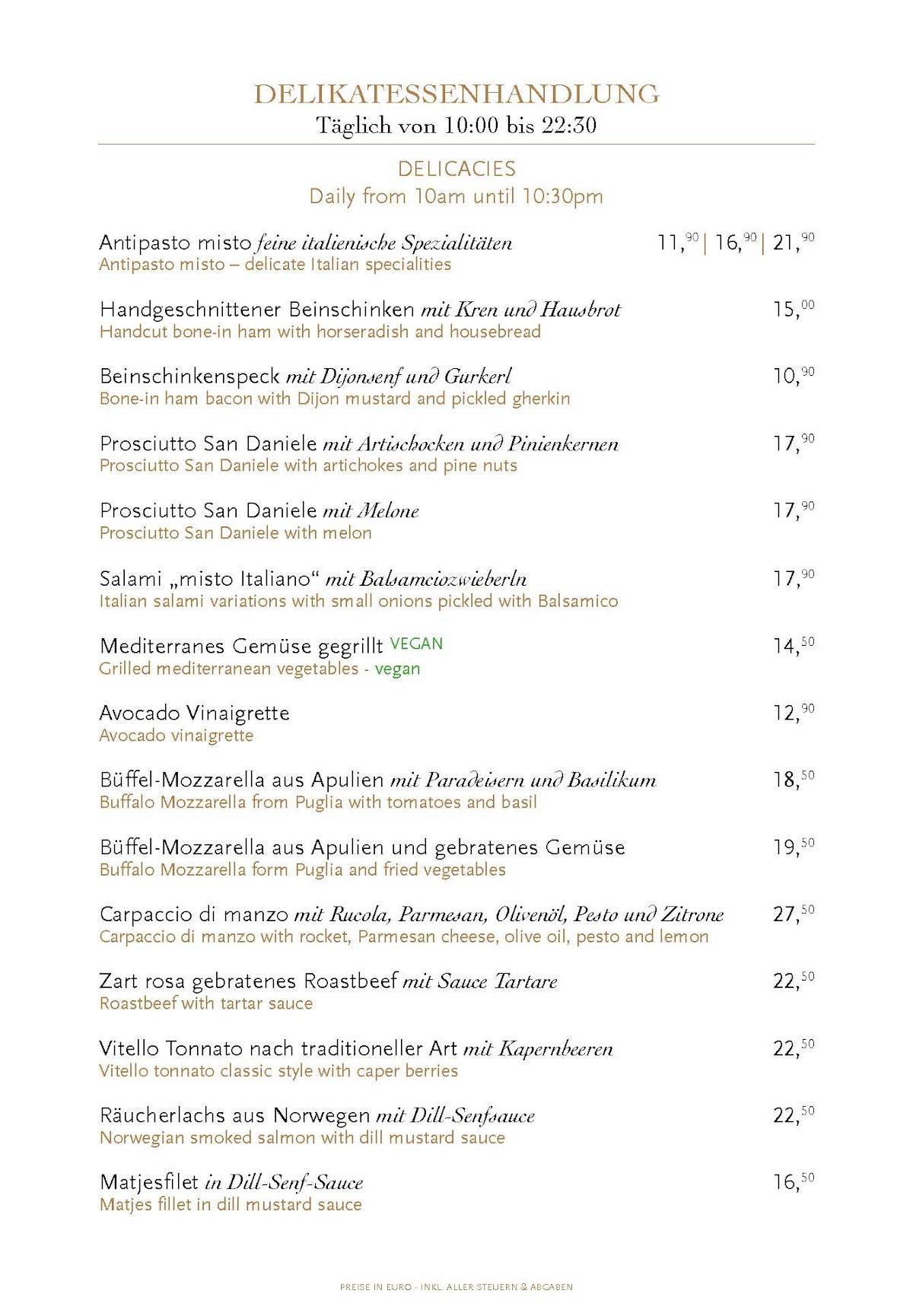 Menu at Zum Schwarzen Kameel pub & bar, Vienna, Bognergasse 5