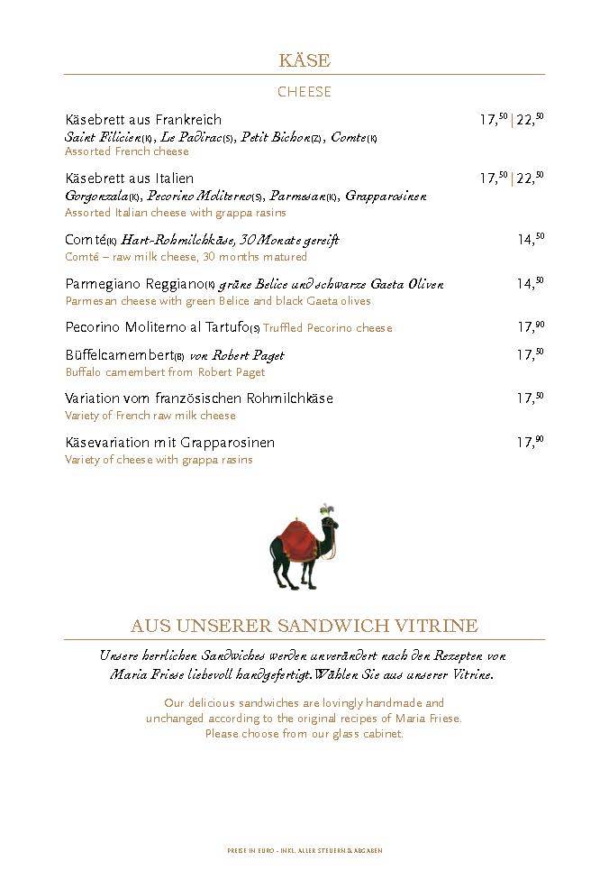 Menu at Zum Schwarzen Kameel pub & bar, Vienna, Bognergasse 5