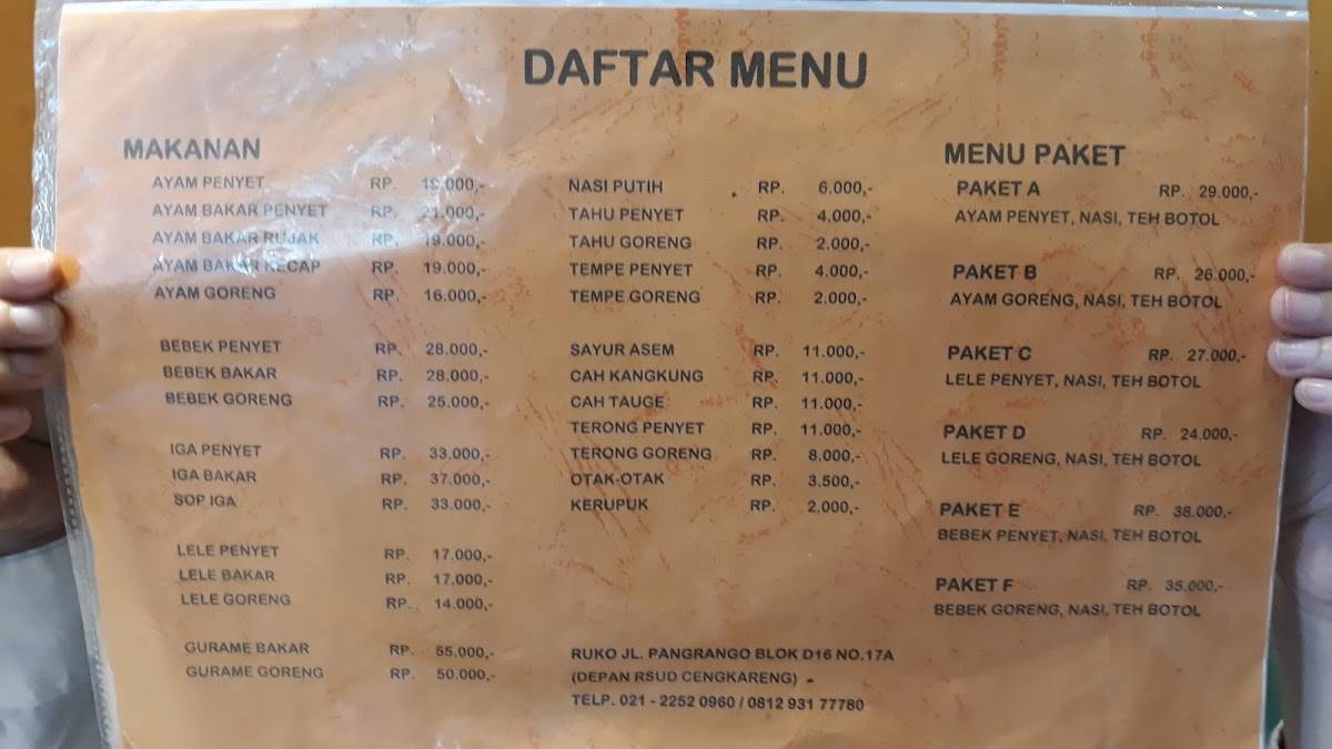Menu at ayam penyet mas marno cengkareng restaurant, West Jakarta, Ruko ...