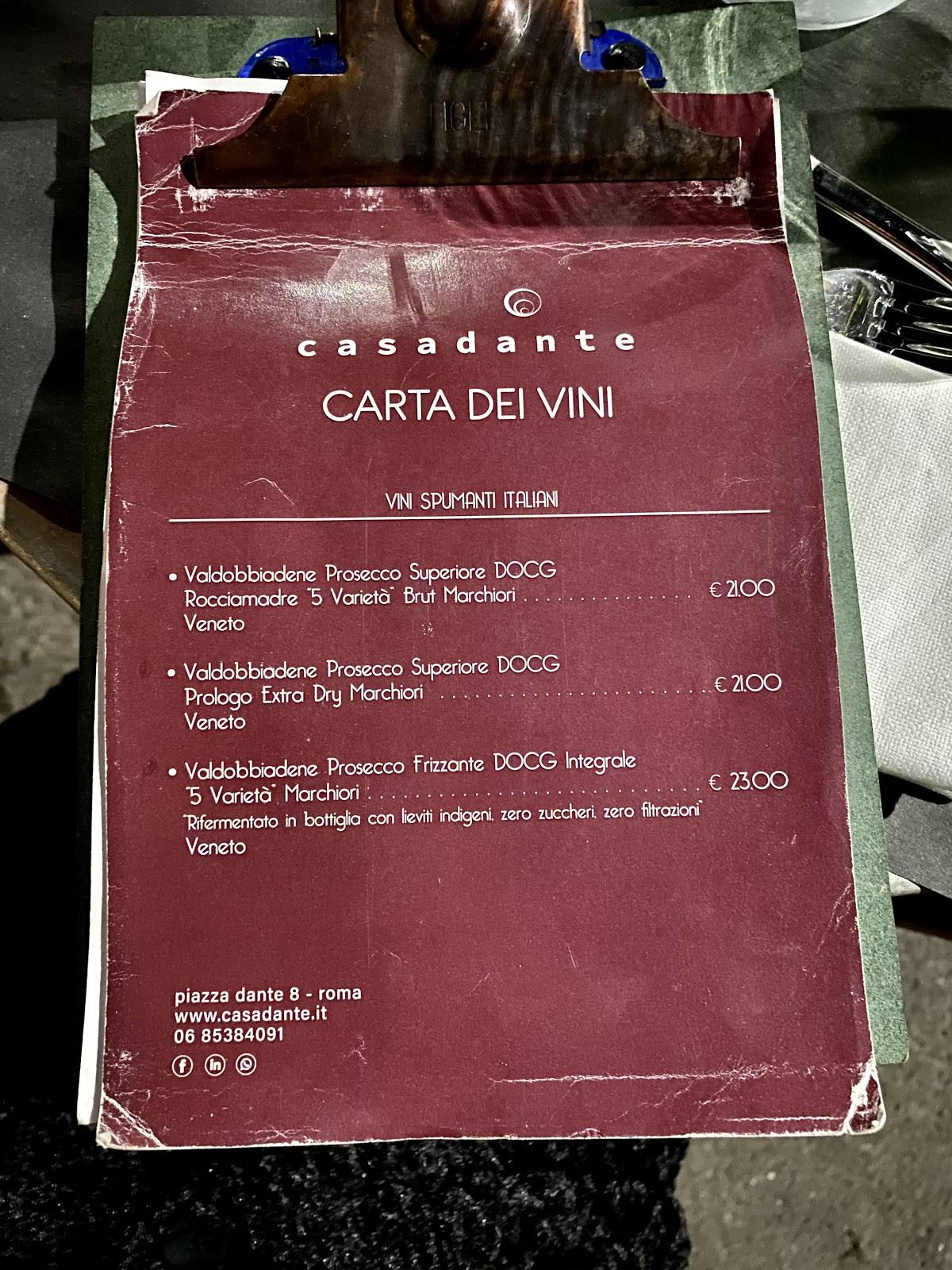 Menu at casadante restaurant, Rome