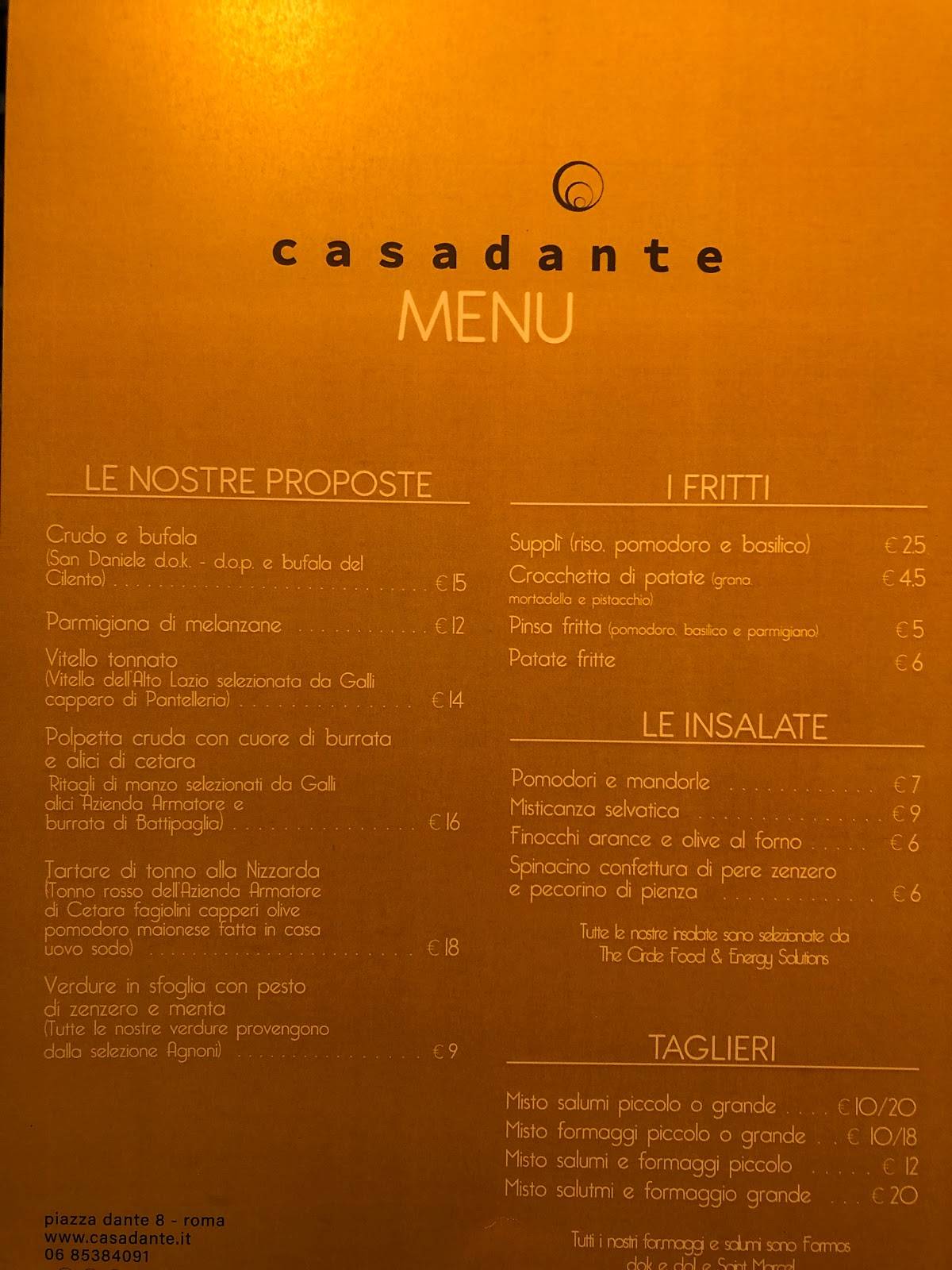 Menu at casadante restaurant, Rome