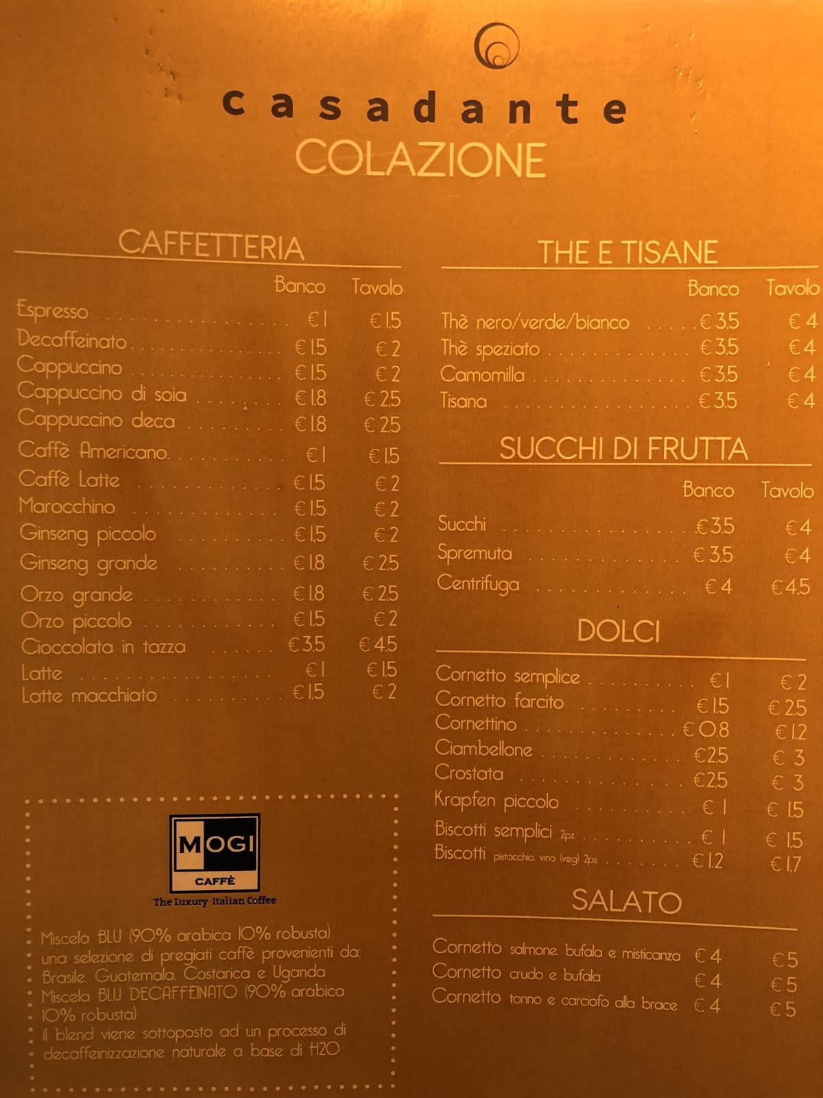 Menu at casadante restaurant, Rome