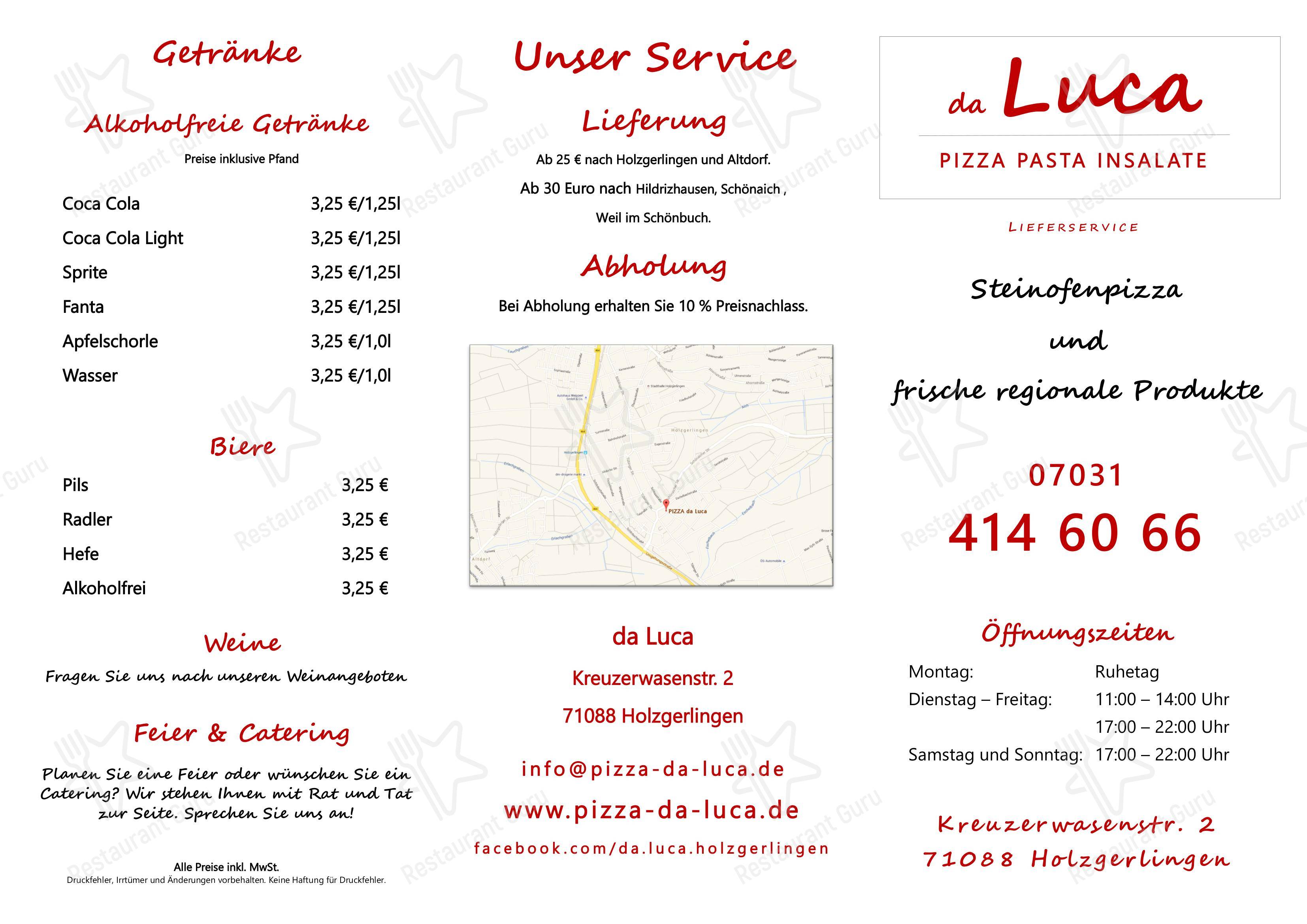 Speisekarte von da Luca Pizza Pasta Insalate, Holzgerlingen