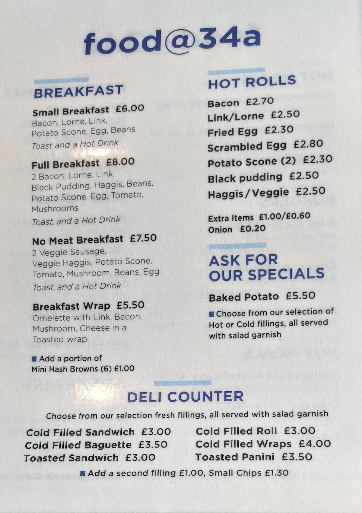 Menu at food@34a cafe, Bo'ness