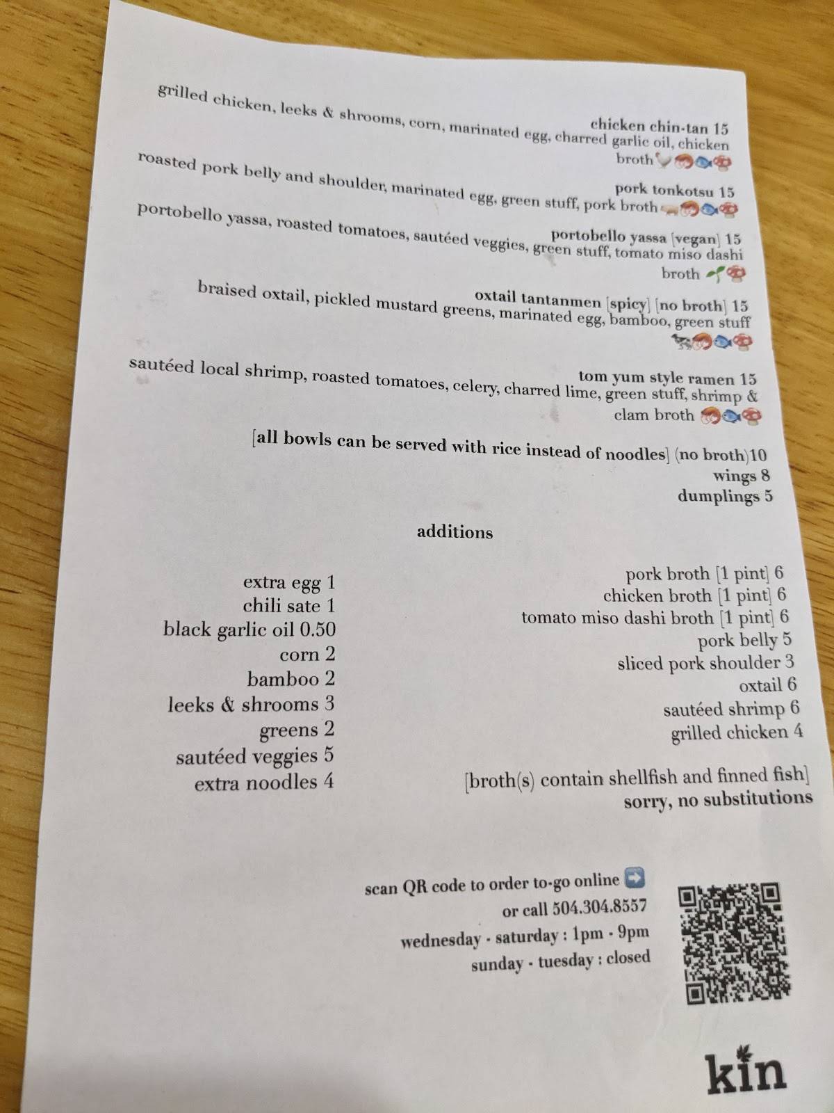 Menu at kin restaurant, New Orleans