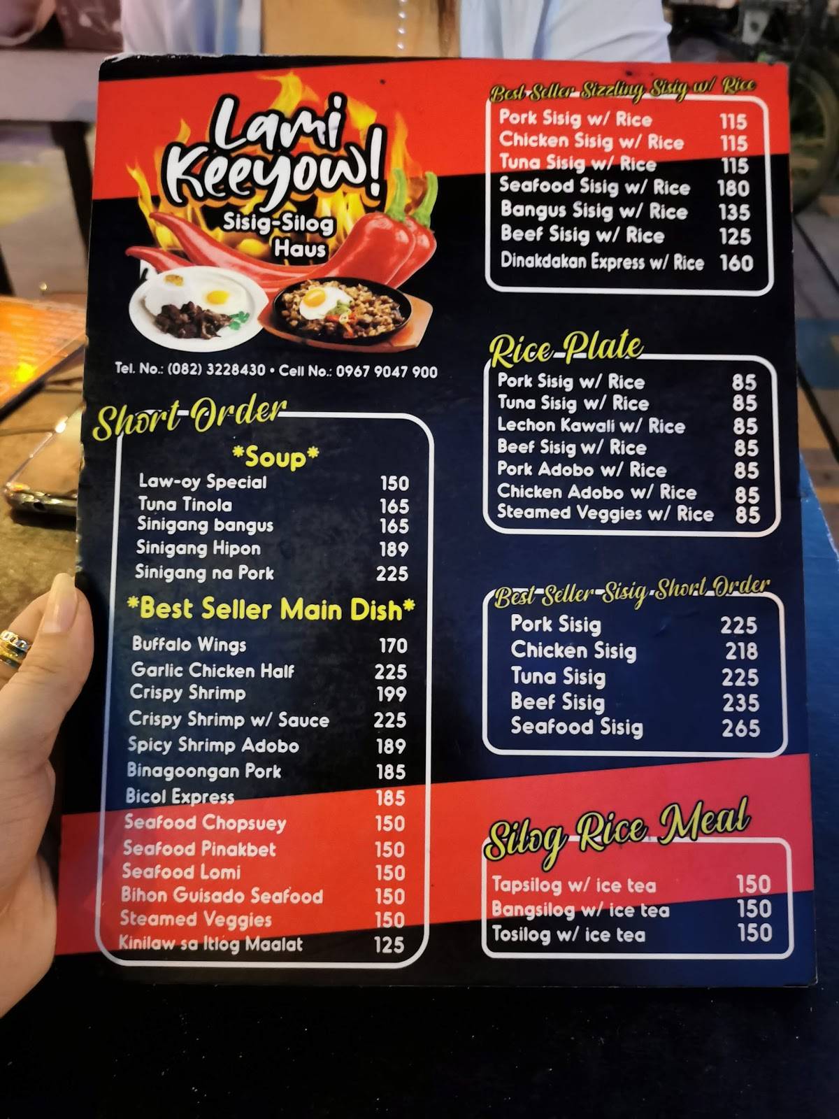 Carta del restaurante lami keeyow sisig silog haus, Dávao