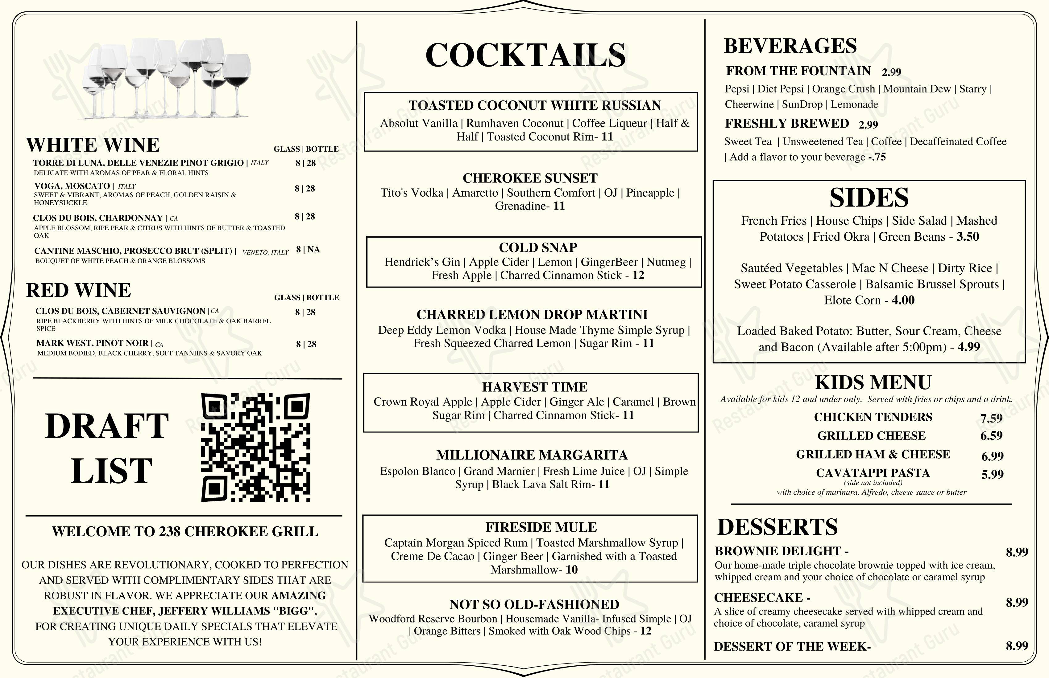 Menu at 238 Cherokee Grill steakhouse, Kings Mountain
