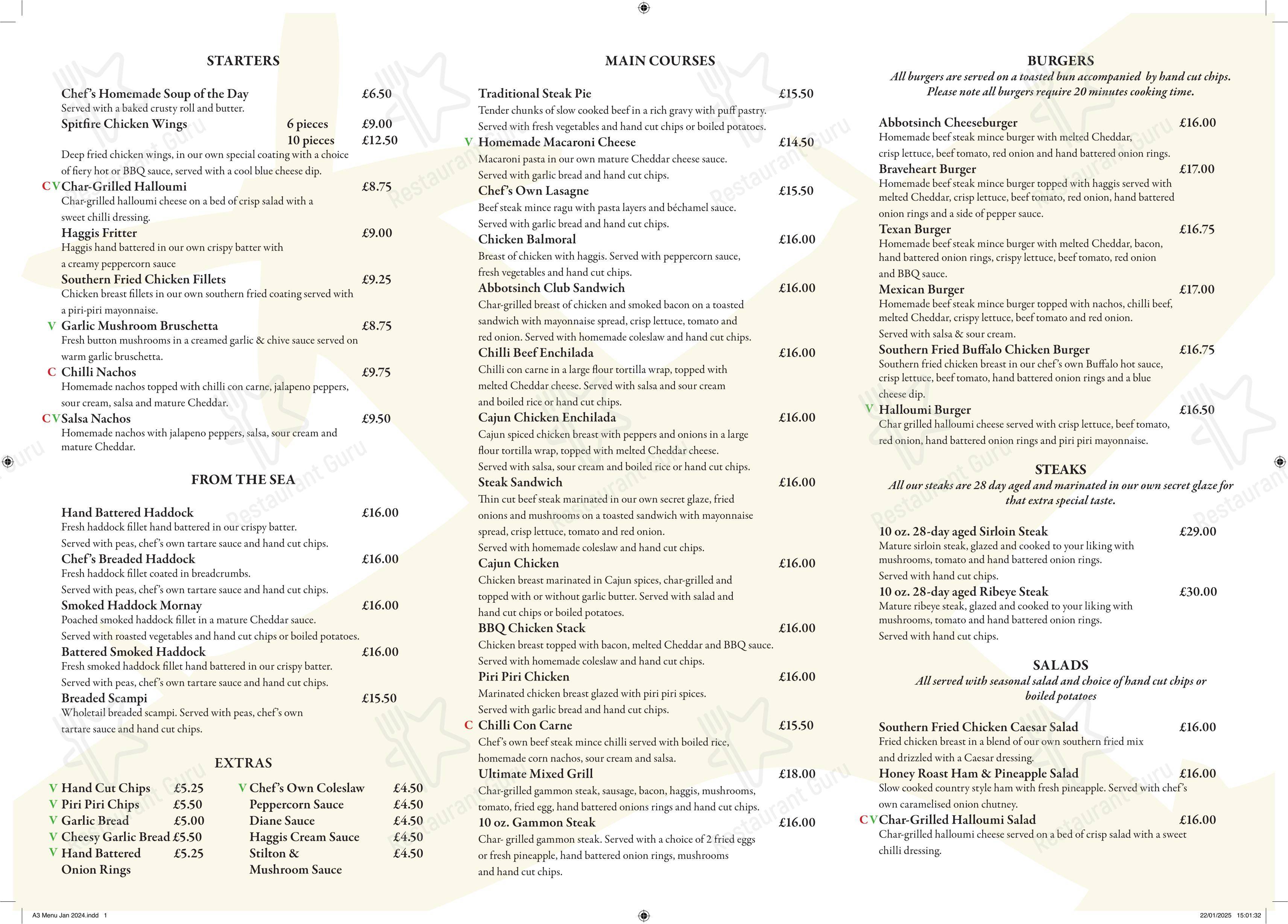 Menu at Abbotsinch restaurant, Grangemouth