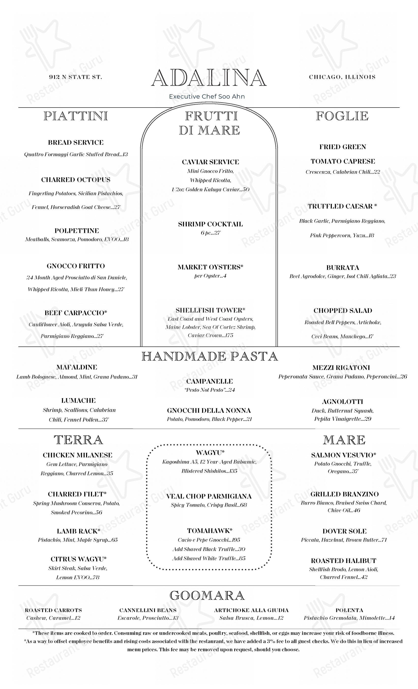 Menu at Adalina restaurant, Chicago