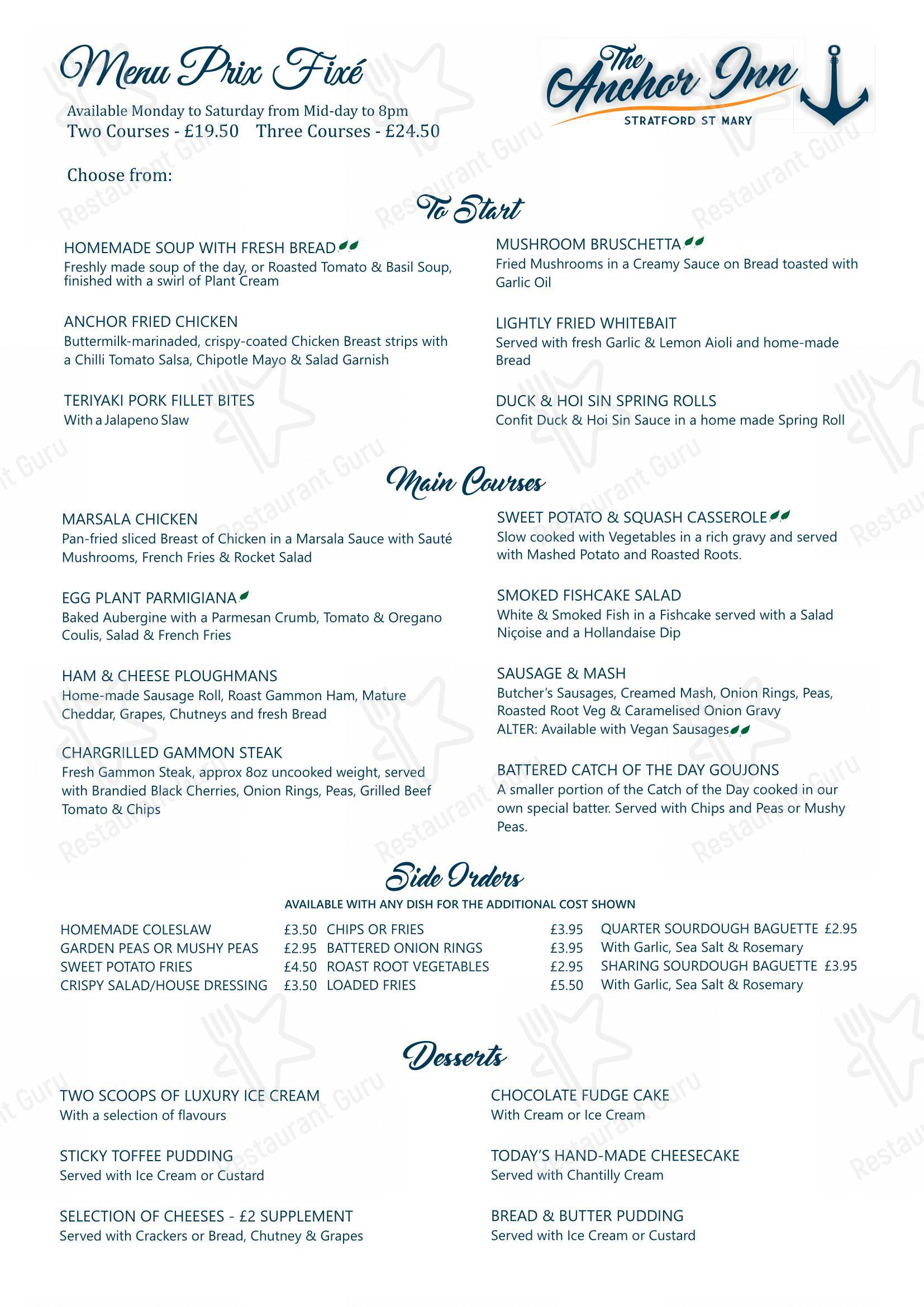 Menu at Anchor Inn Stratford St Mary pub & bar, Colchester, Upper St