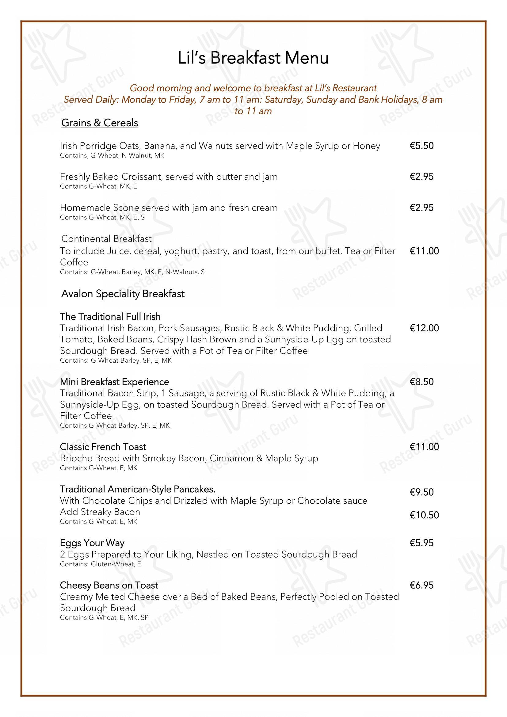Carta del restaurante Avalon House Hotel, Castlecomer