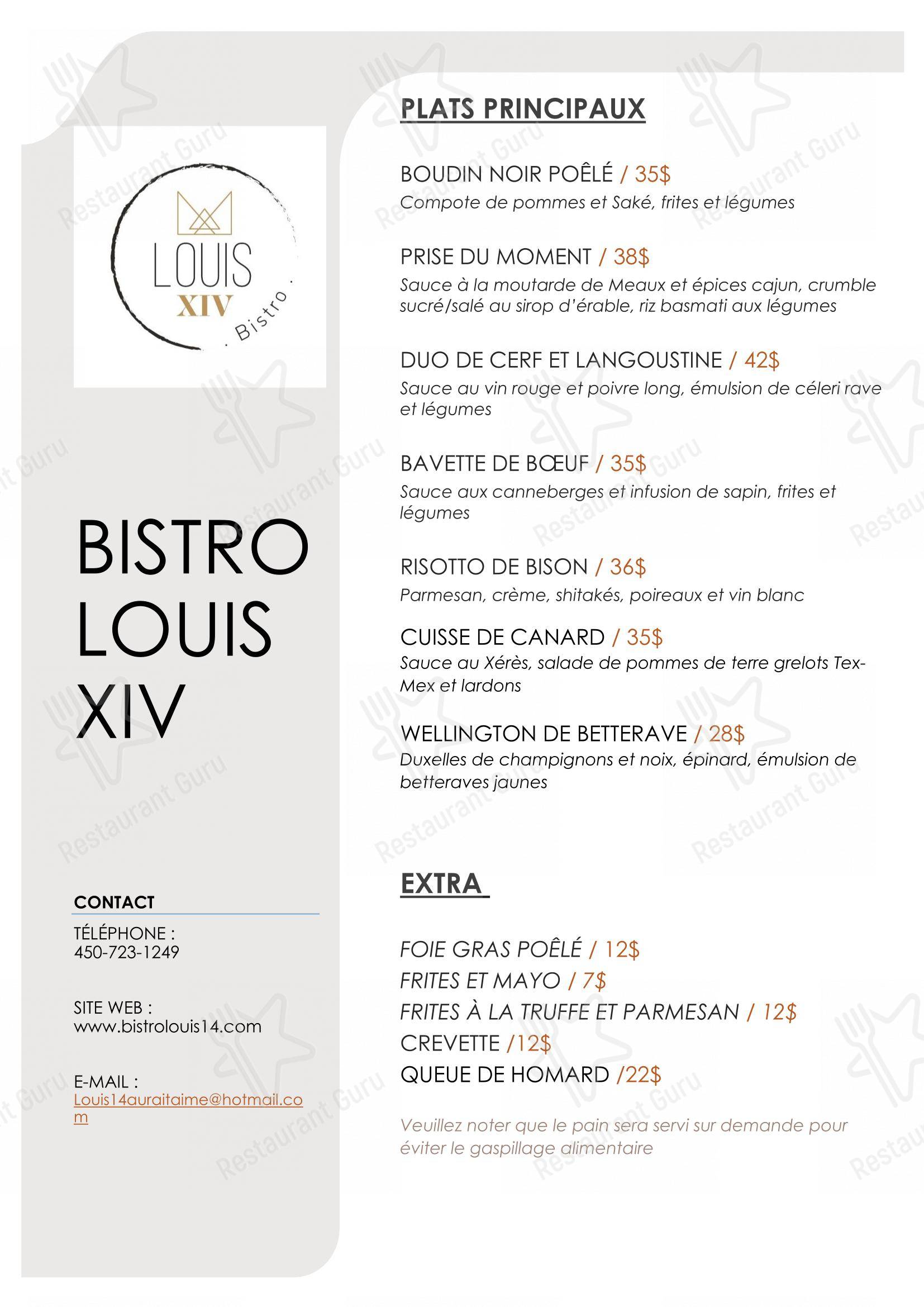 Menu au Bistro Louis XIV restaurant, Saint-Bruno-de-Montarville