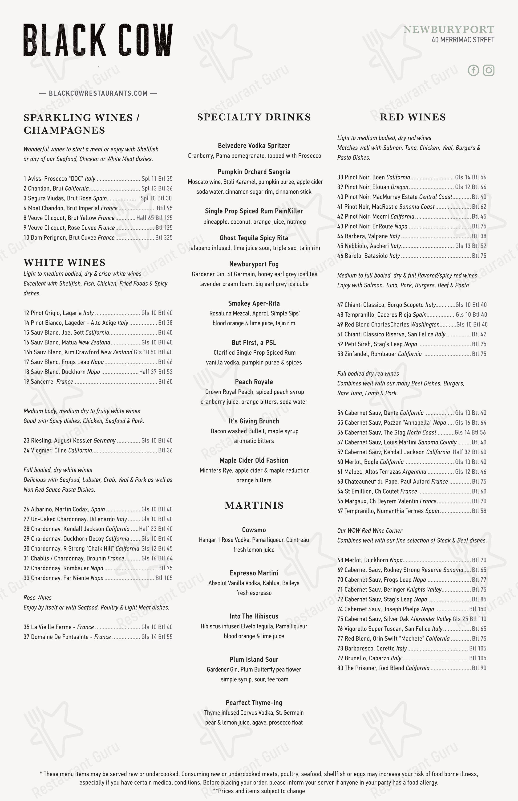 Menu at Black Cow restaurant, Newburyport