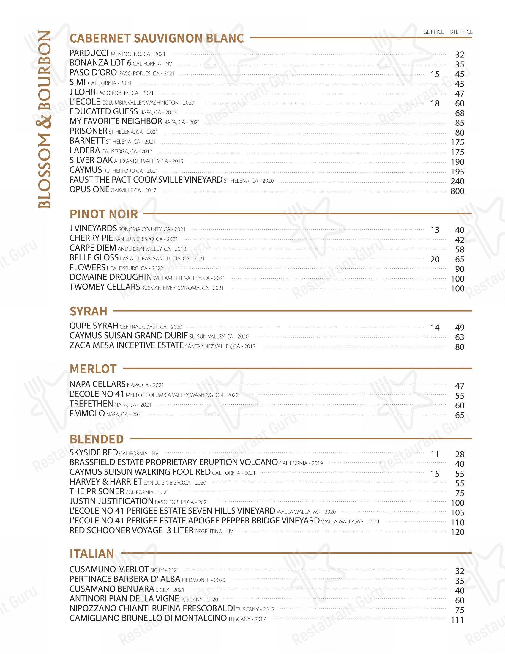 Menu at Blossom & Bourbon Restaurant, San Jose