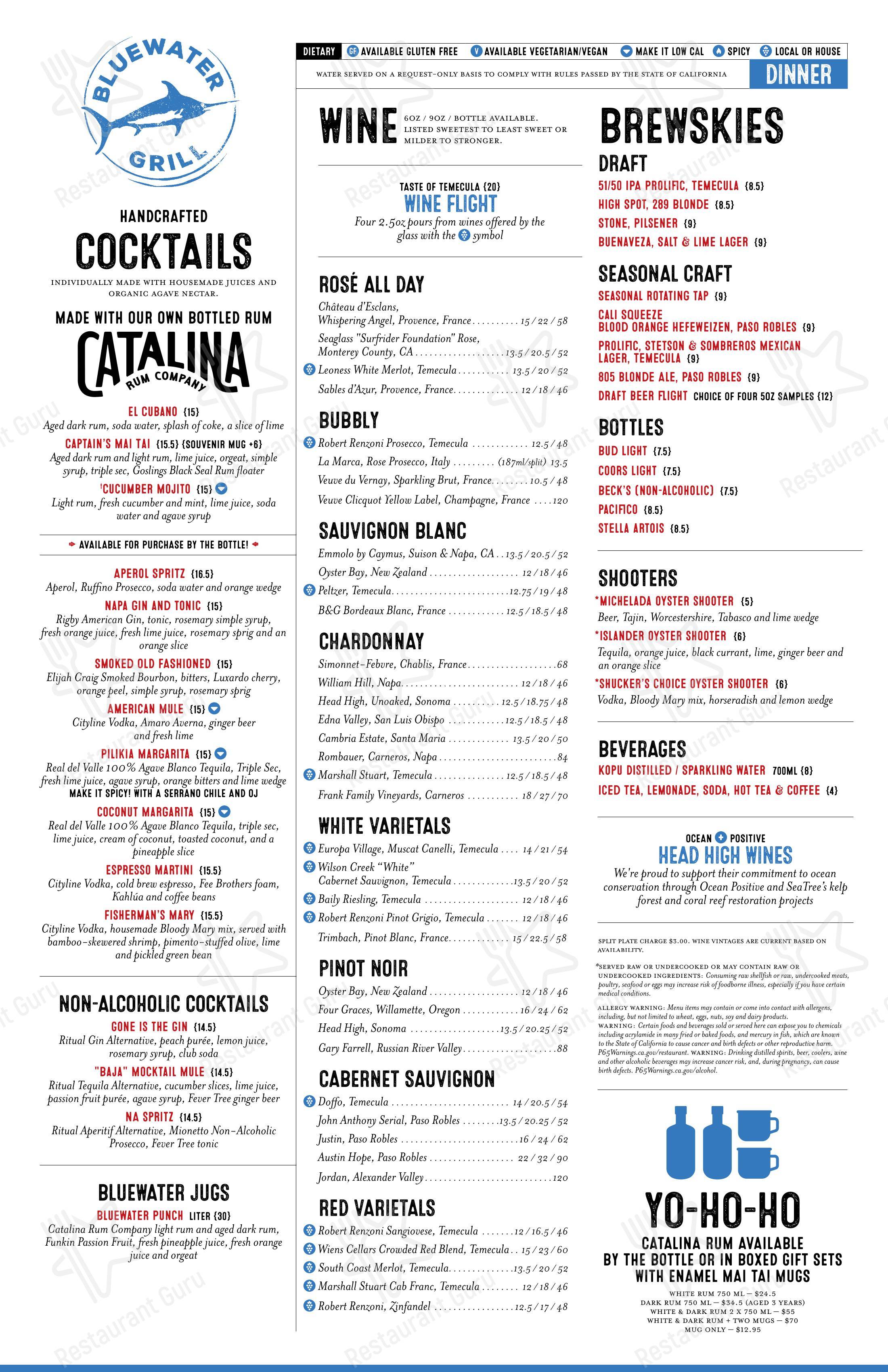 Menu at Bluewater Grill restaurant, Temecula