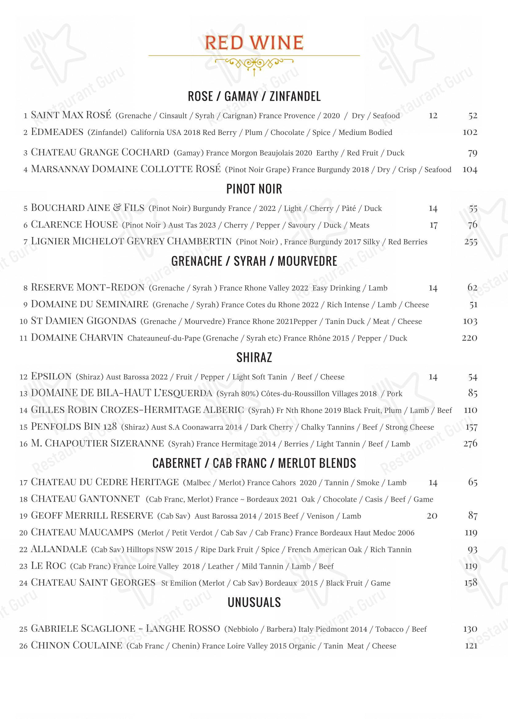 Menu at Bon Vin pub & bar, Darlinghurst