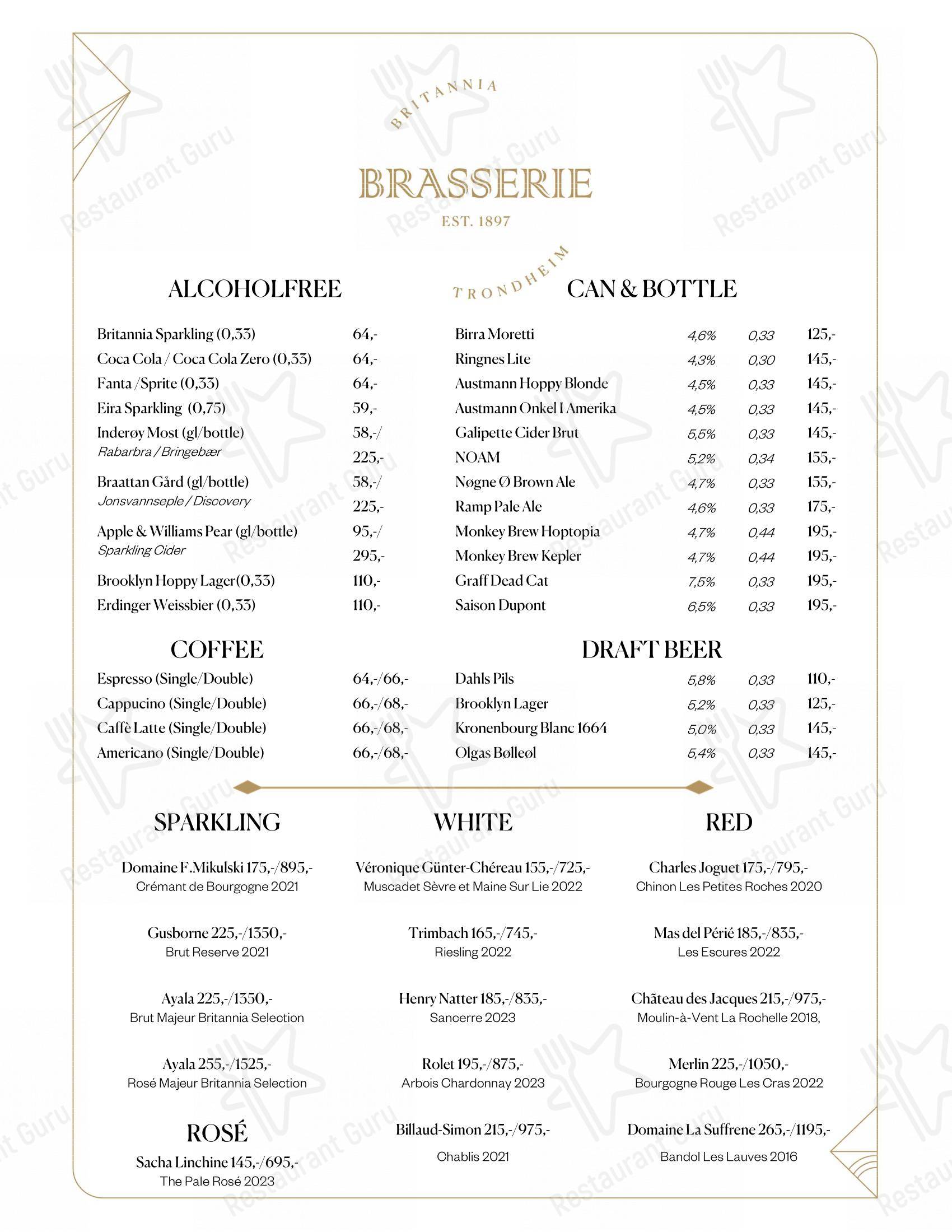 Menu at Britannia Hotel restaurant, Trondheim